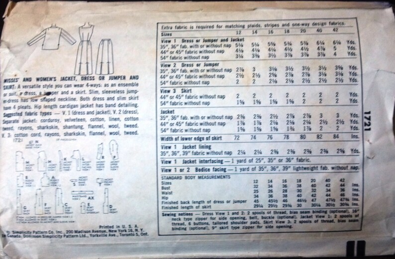 Simplicity 1721 Pattern for Misses' Jacket Dress Jumper | Etsy