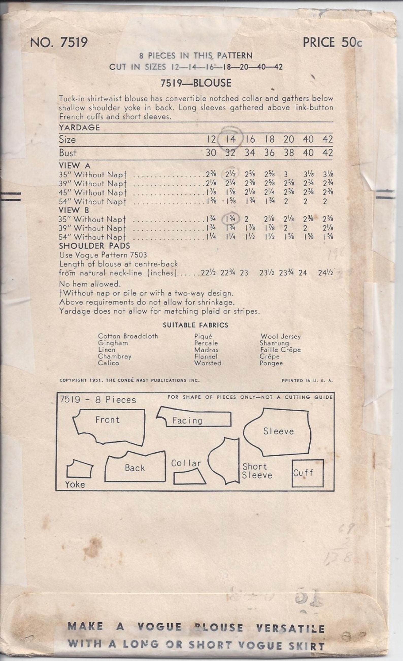 Vogue 7519 Pattern for Misses' Blouse, Short or Long Sleeves, From 1951 ...