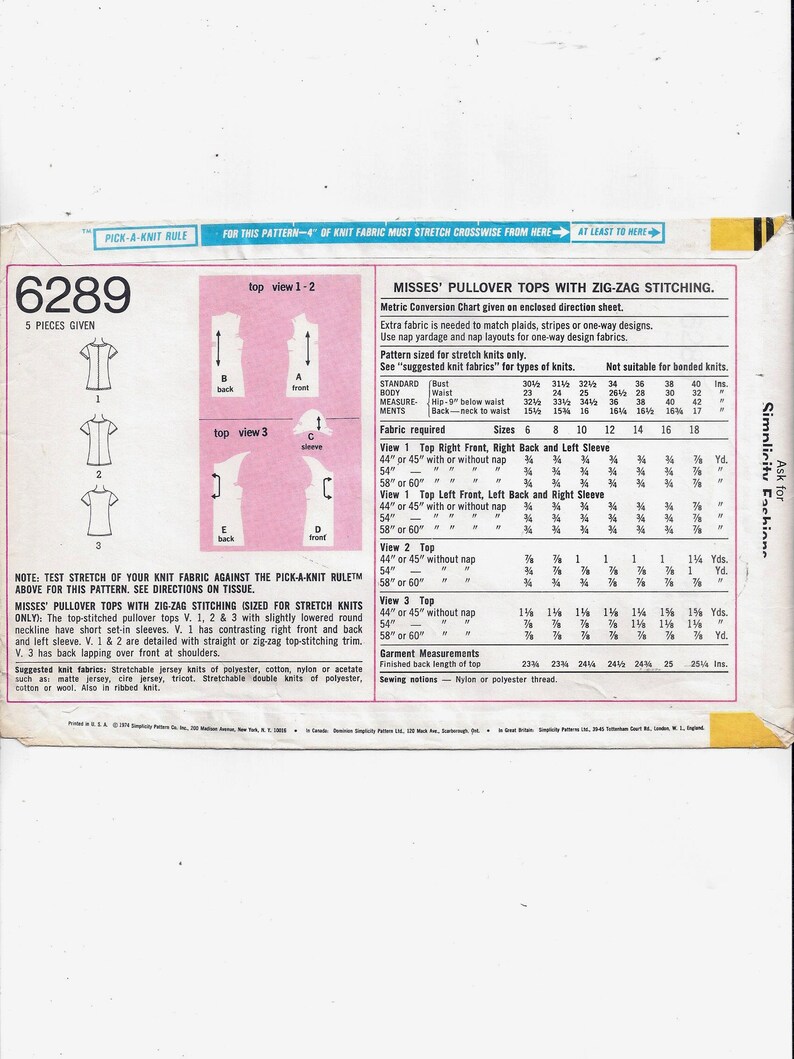 Simplicity 6289 Pattern for Misses' Pullover Tops With Zig - Etsy