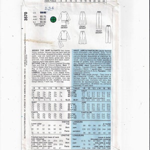Butterick 3570 Pattern for Misses' Top, Skirt, Pants, From 1985, Plus ...