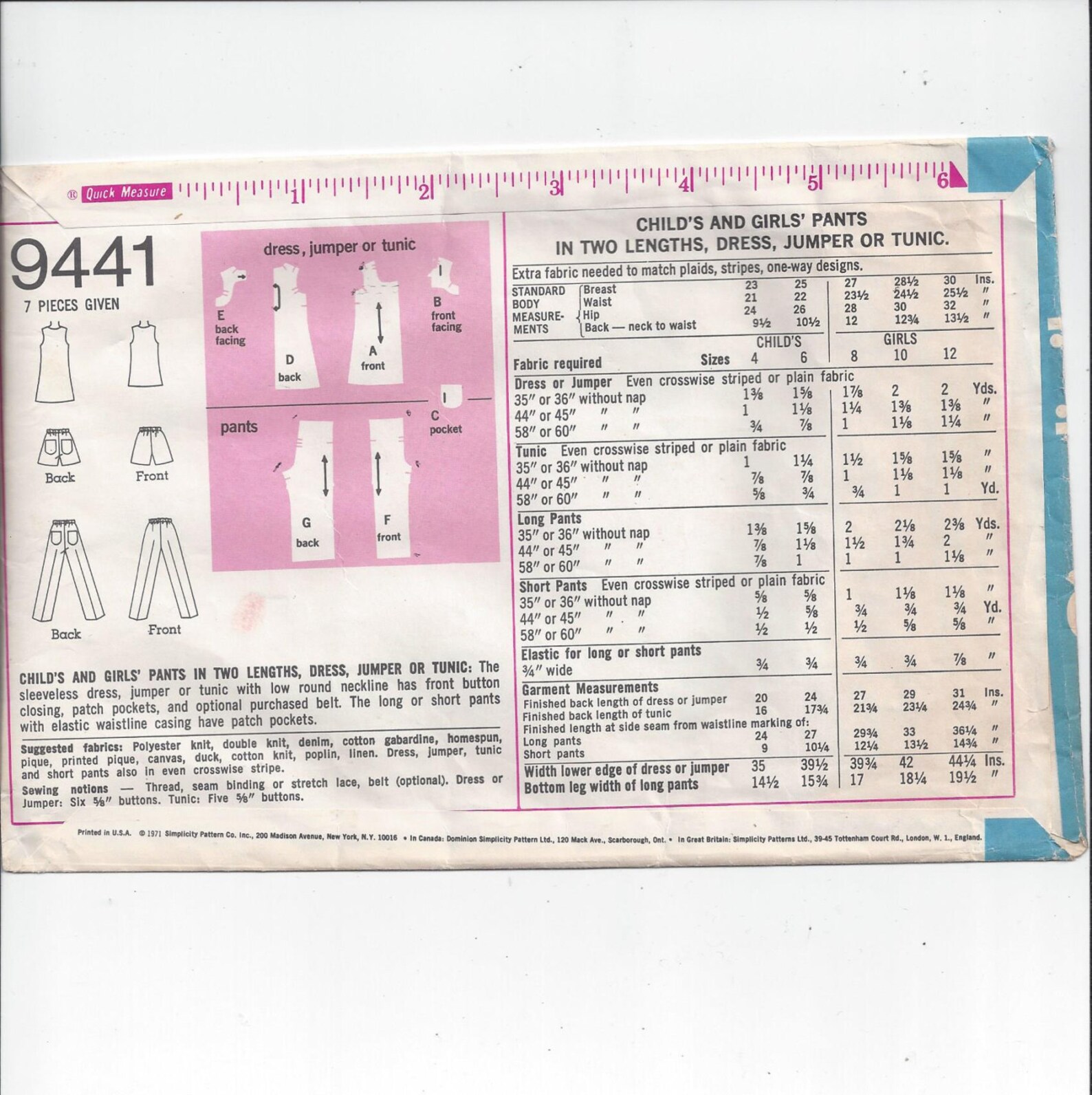 Simplicity 9441 Pattern for Girls' Pants in 2 Lengths - Etsy