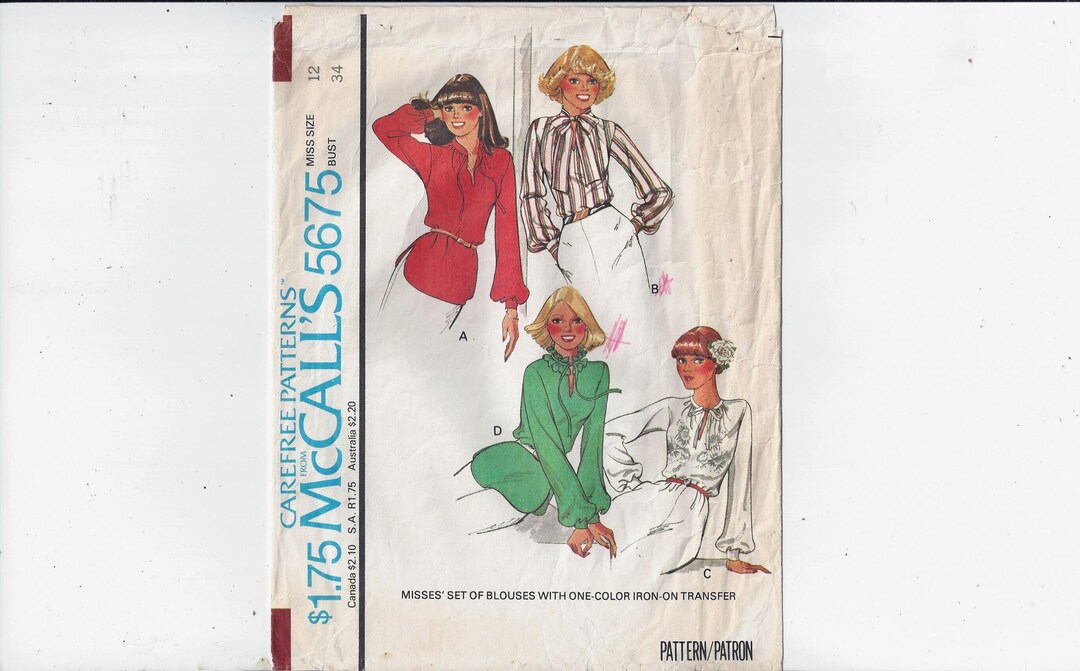 Mccall's 5675 Pattern for Misses' Set of Blouses With 1-color Iron on ...