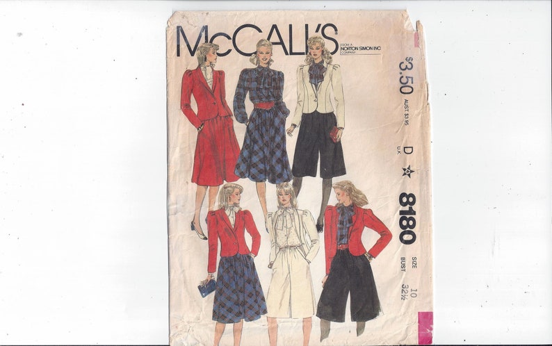 Mccall's 8180 Pattern for Misses' Jacket, Blouse, Skirt, & Culottes ...
