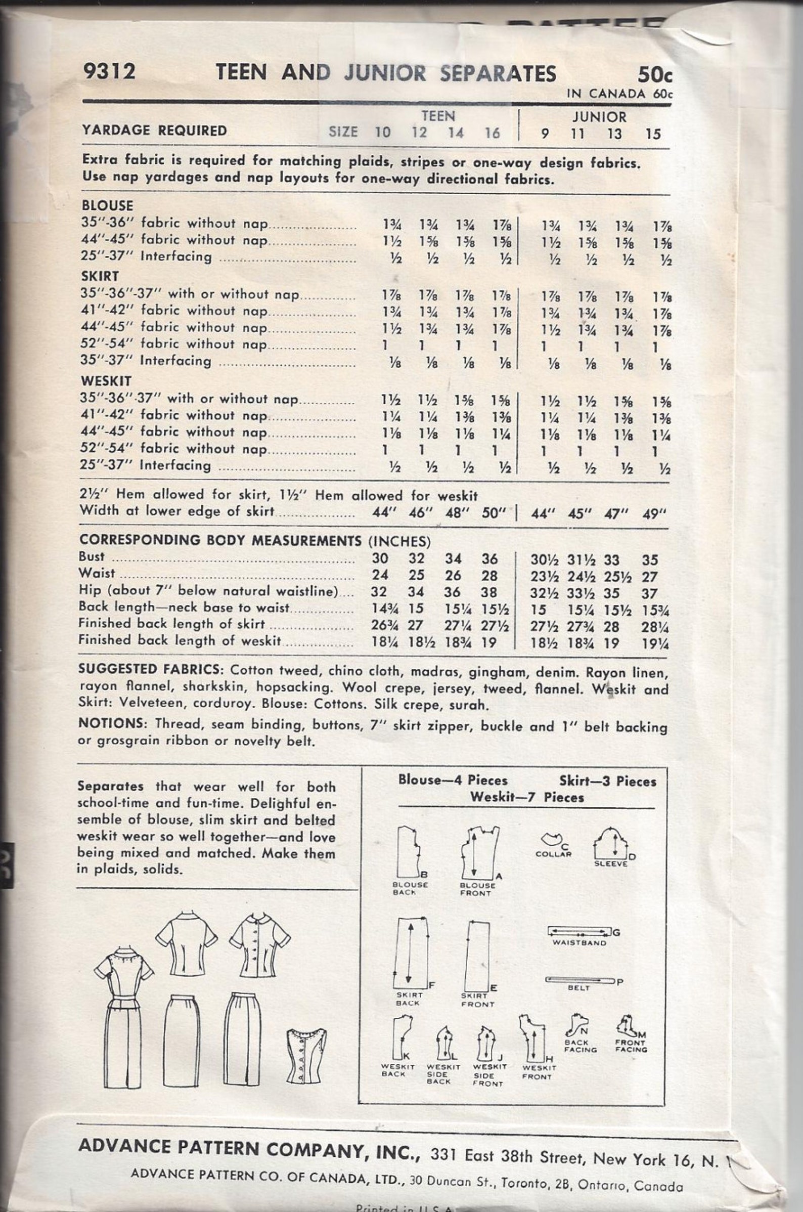 Advance 9312 Pattern for Teen or Junior Blouse, Skirt, & Weskit, Size ...