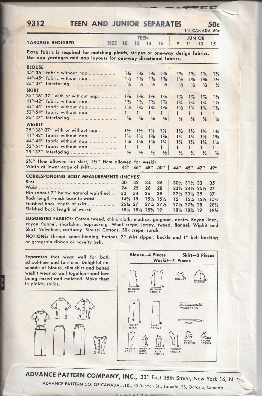 Advance 9312 Pattern for Teen or Junior Blouse, Skirt, & Weskit, Size ...