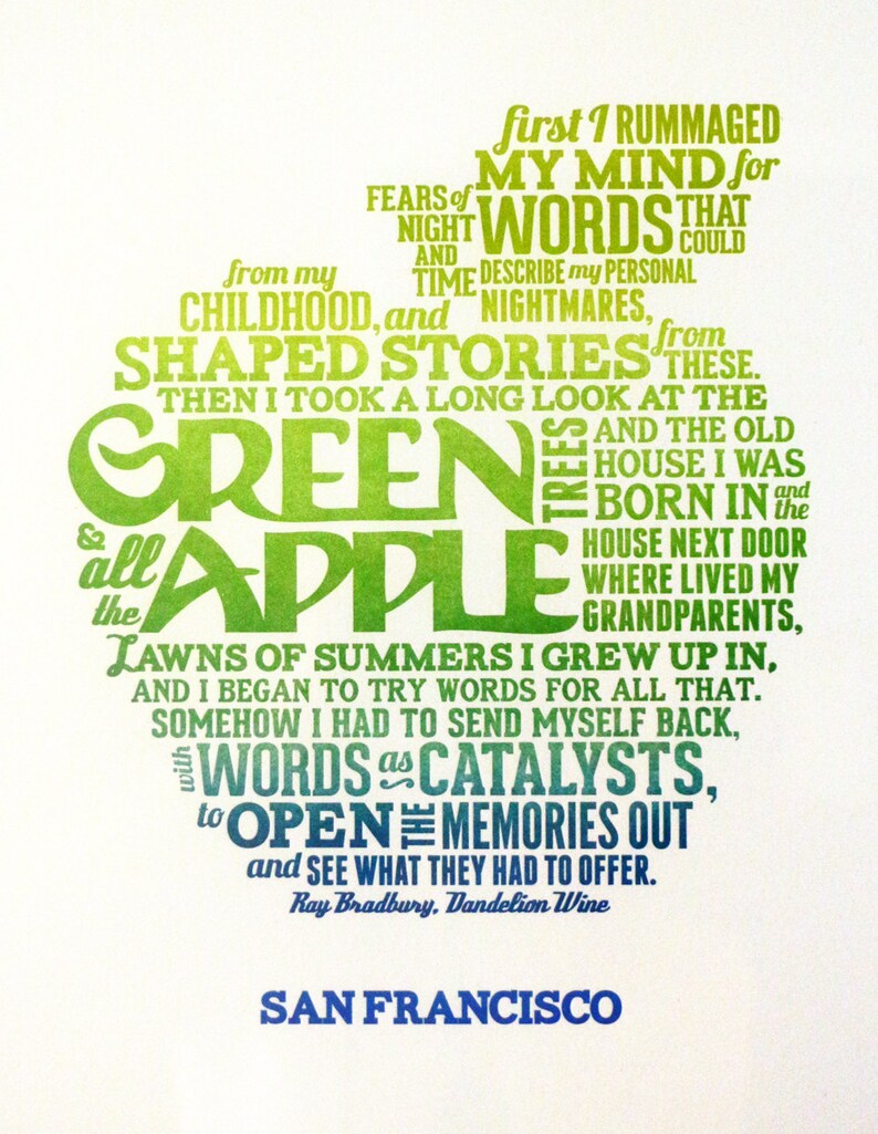 Green Apple (ray Bradbury): Letterpress Typographic Broadside Print (11 ...