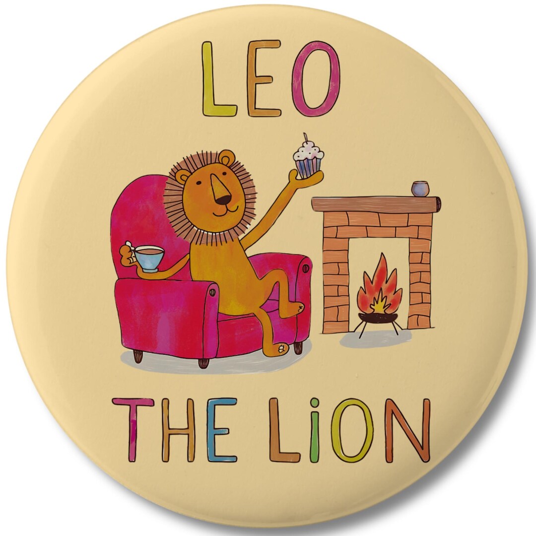 Cute Leo Badge, Star Sign Birthday Pin Button, Lion Art, Whimsical ...