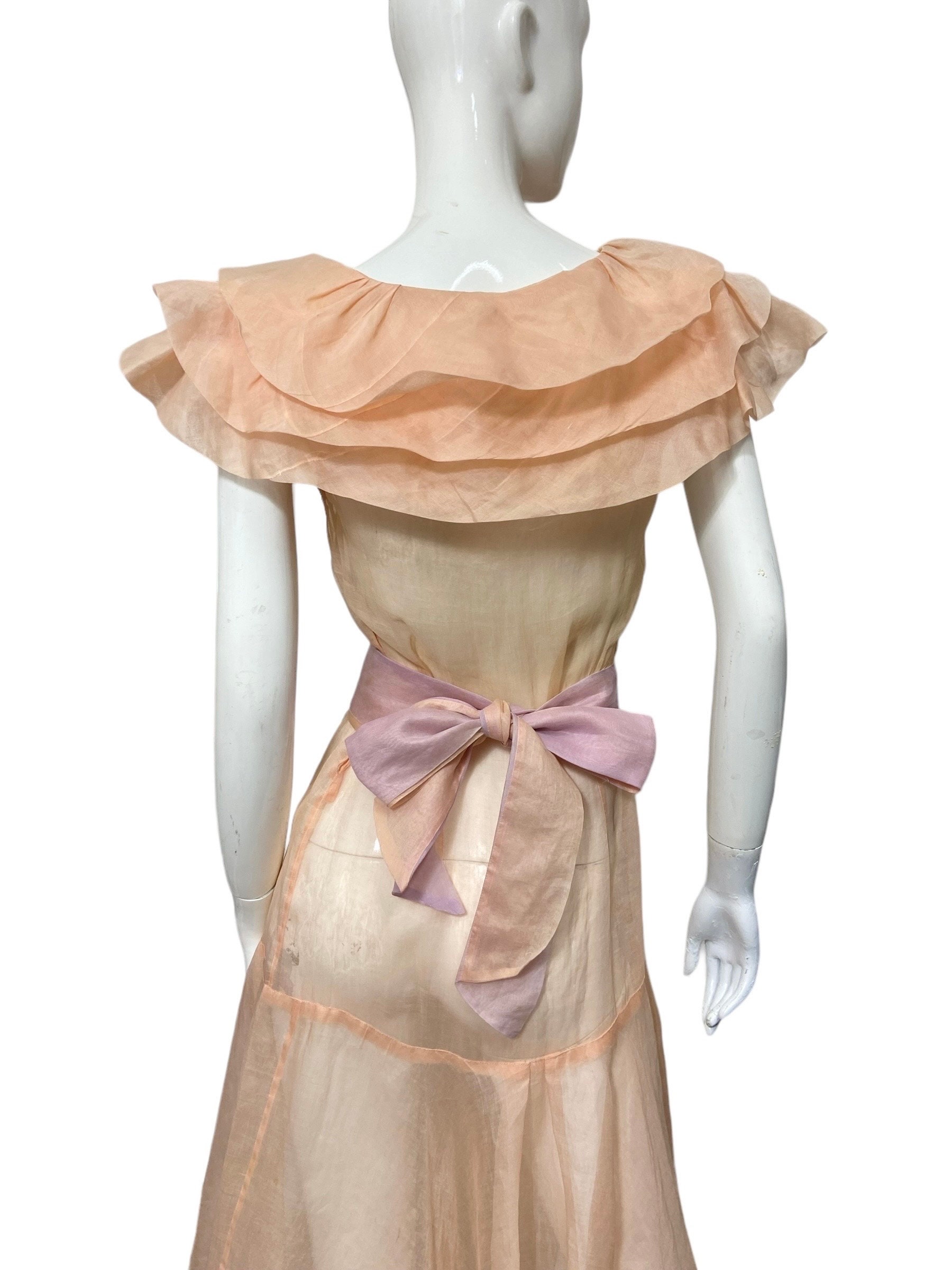 30’s Peach Organdy Dress With Ruffle Collar and Bow AS IS - Etsy