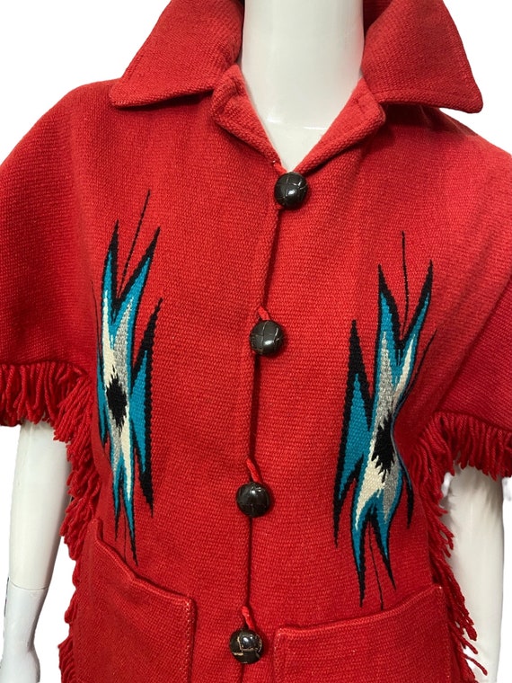 50's Red Wool Chimayo Poncho Style Jacket With Fringe Trim 50's Red Wool Chimayo Poncho Style Jacket With Fringe Trim
