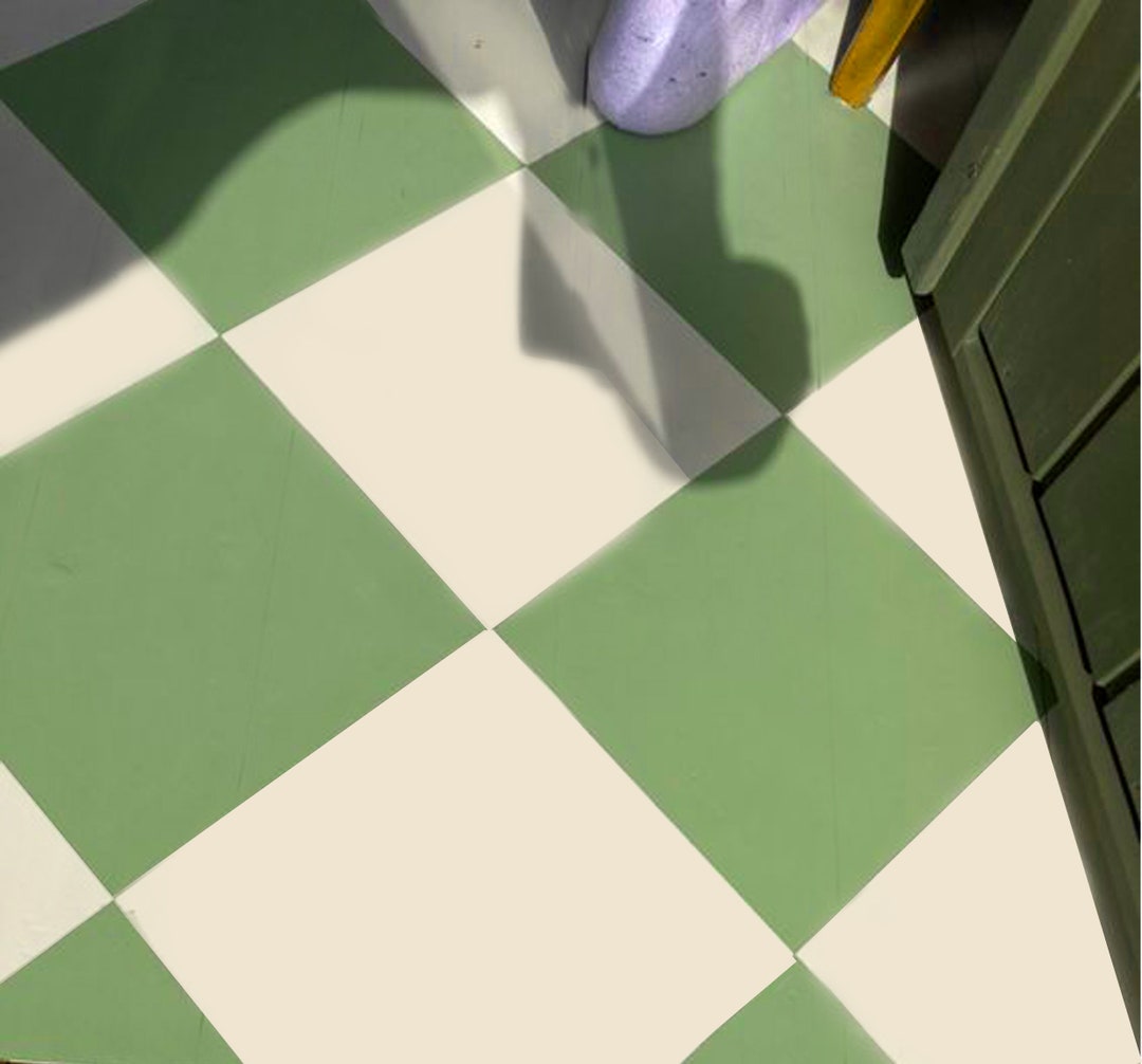 Sage & off White Checker Vinyl Tile Sticker Floor Decals Removable and ...