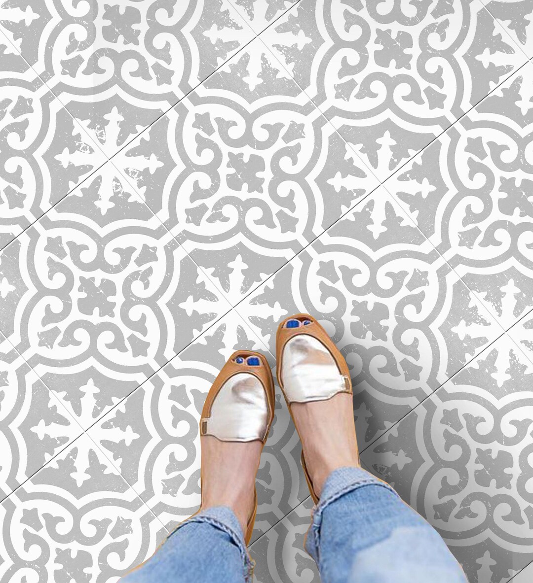 Fossil Grey Peel & Stick Floor Tile Sticker I Removable Anti-slip Vinyl ...