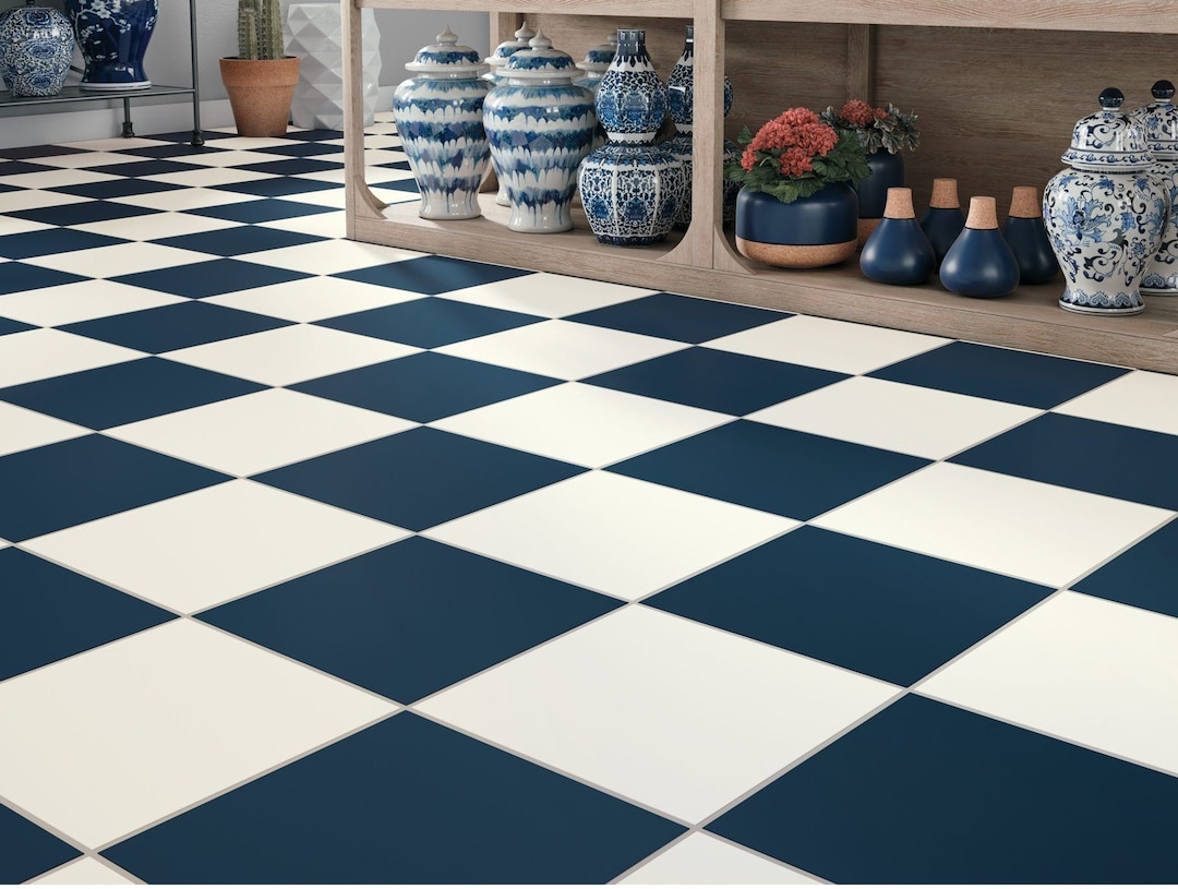 Blue and off White Checker Solid Tile Wall Stair Floor Self Adhesive ...
