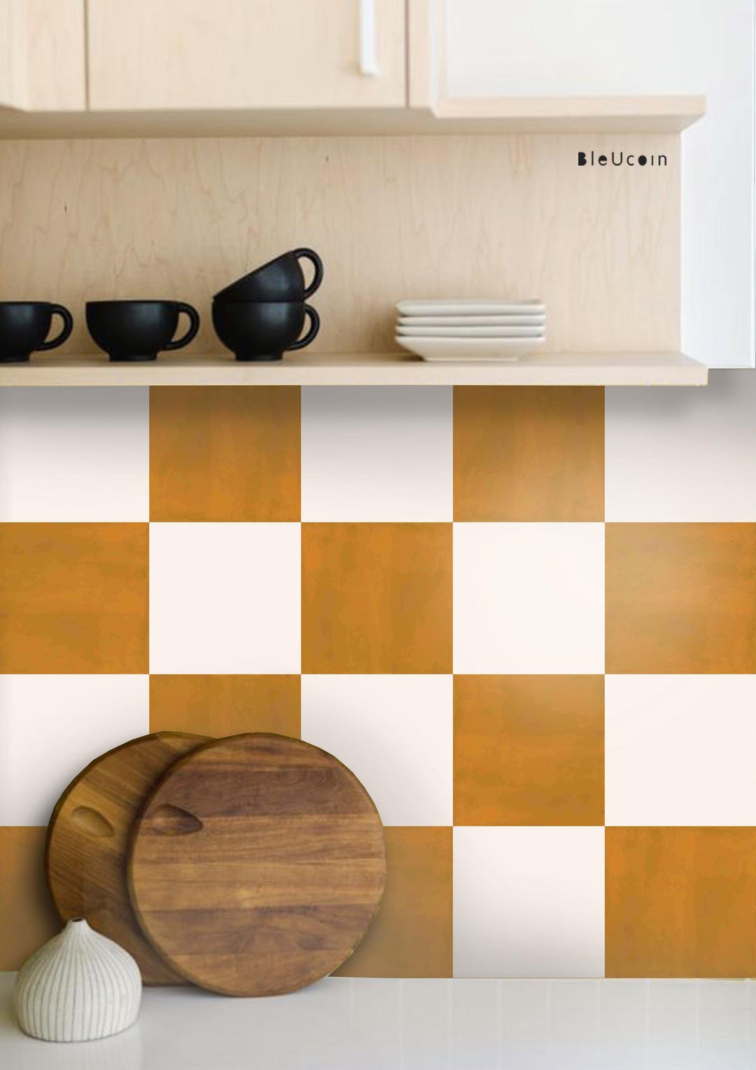Sunrise and off White Checker Peel & Stick Tile Sticker Kitchen ...
