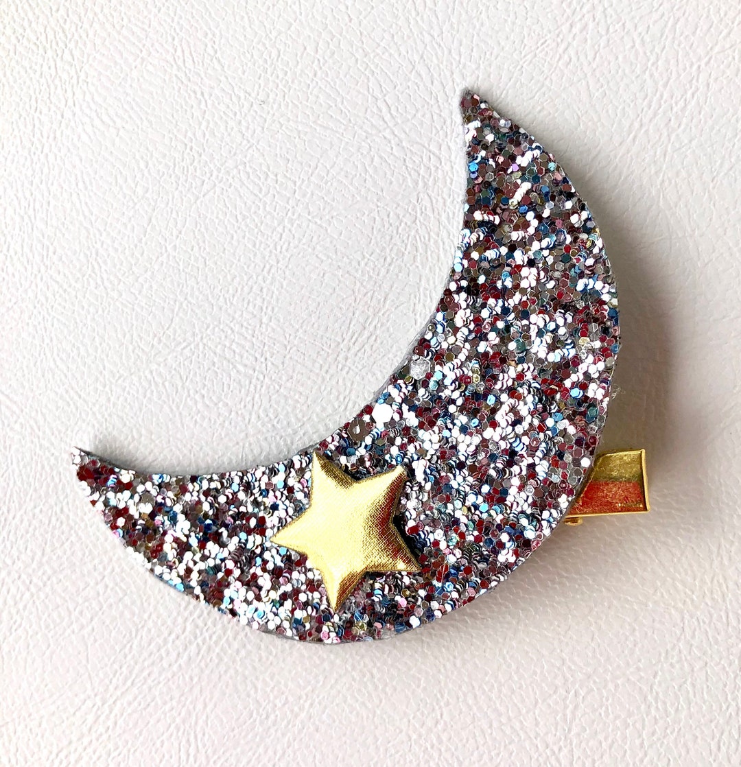 Moon Hair Clip, Moon and Gold Star Hair Clip, Glitter Moon Clip, Moon ...