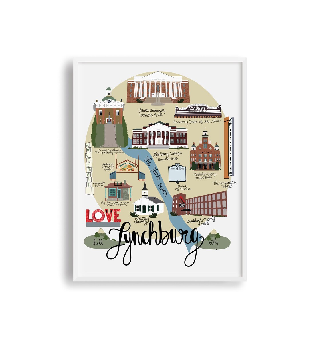 Lynchburg VA Print, Lynchburg Map, Lynchburg College, Liberty ...
