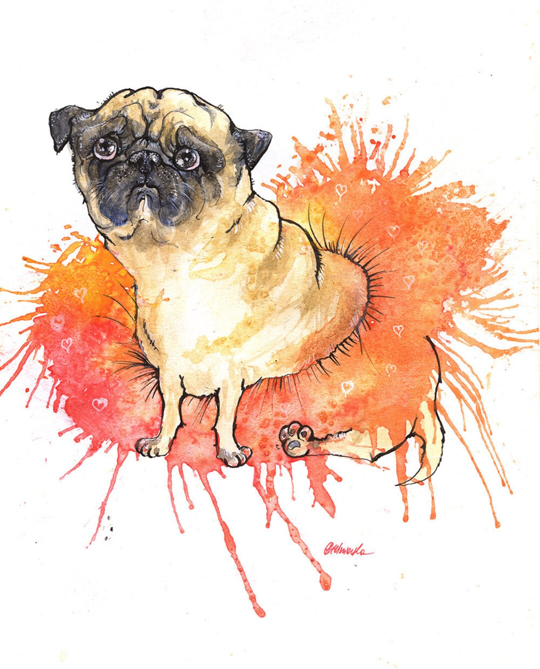 Sad Tutu Pug, Illustration, Original Pen and Watercolor Painting on ...