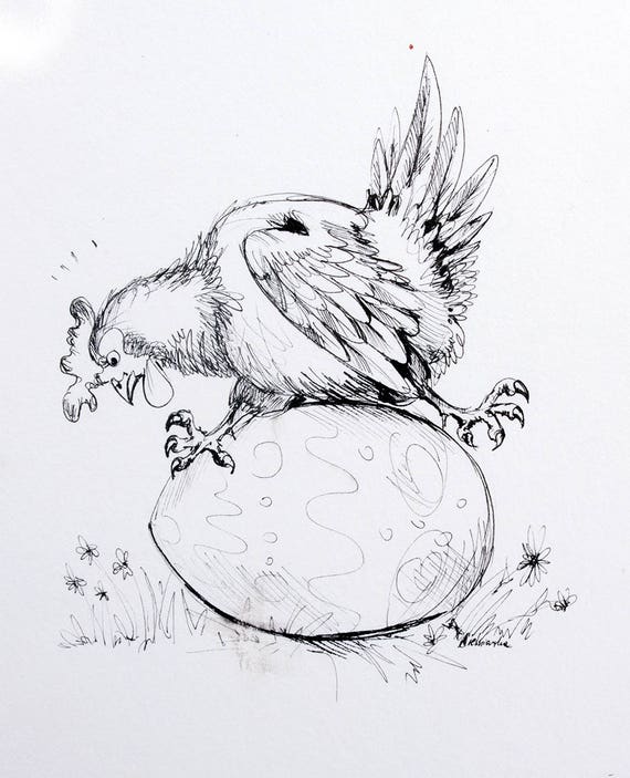 Chicken and an egg original pen drawing | Etsy