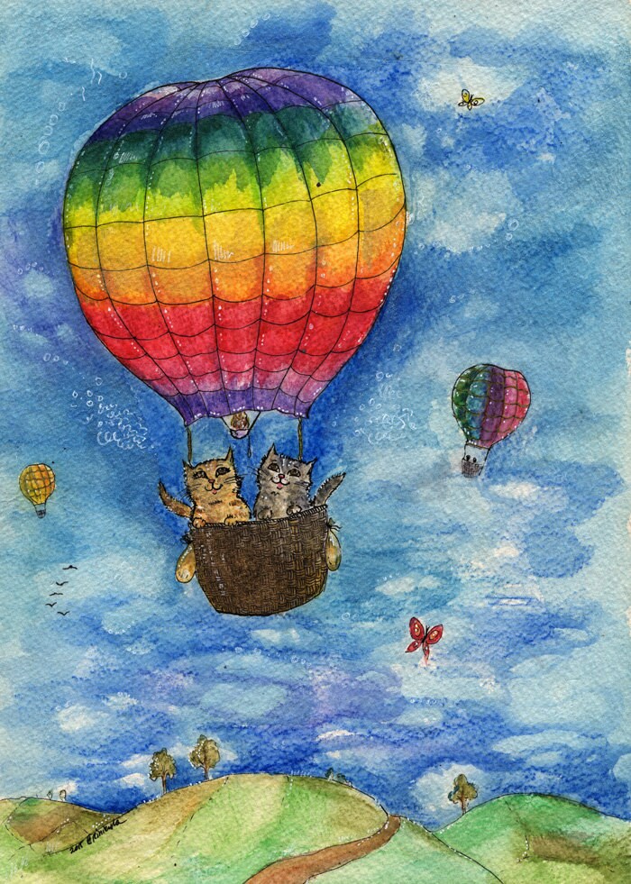 Cute Cats in Rainbow Hot Air Balloon Original Pen and Watercolour ...