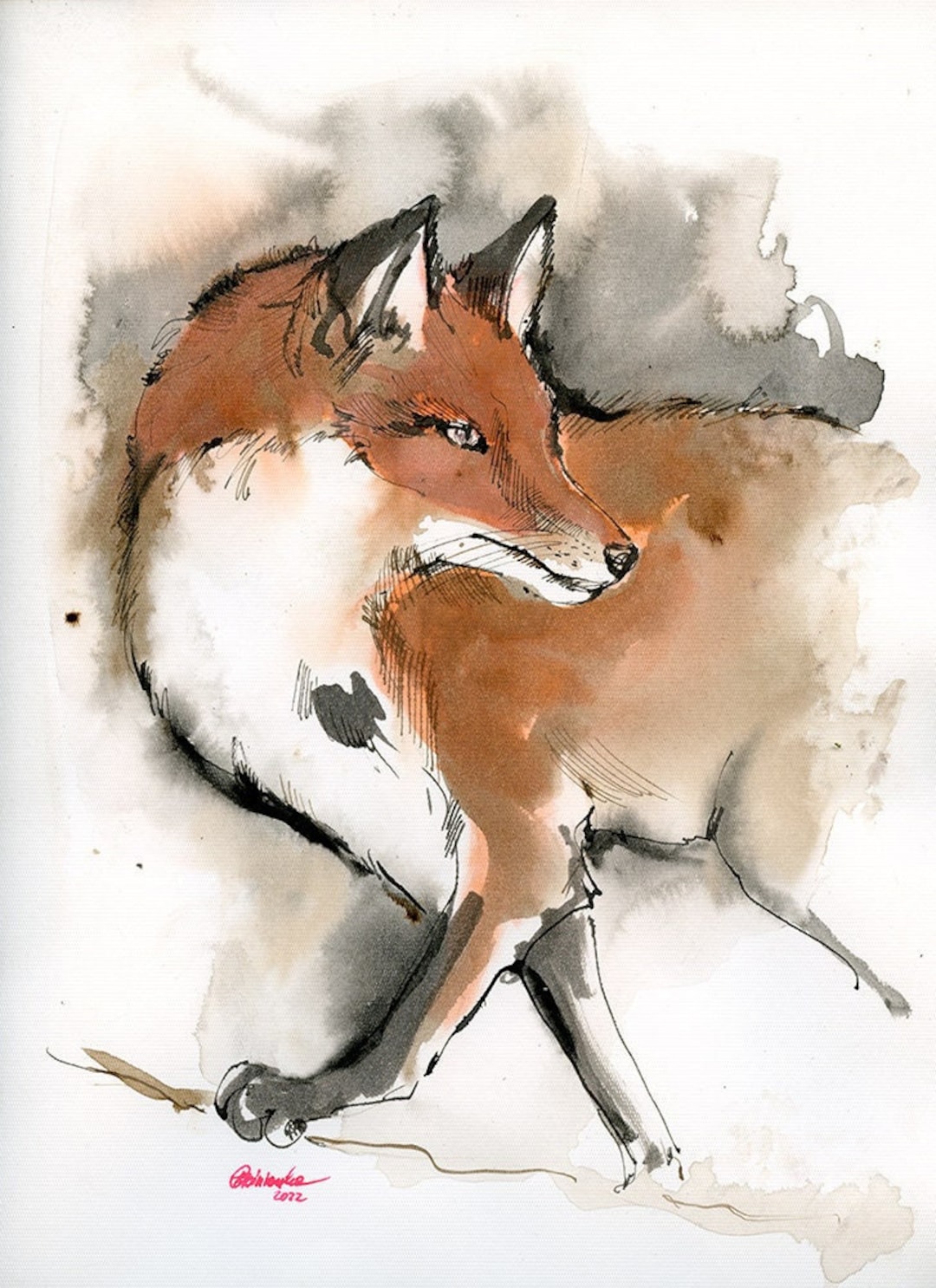 Red Fox, Original Ink Painting on Paper - Etsy