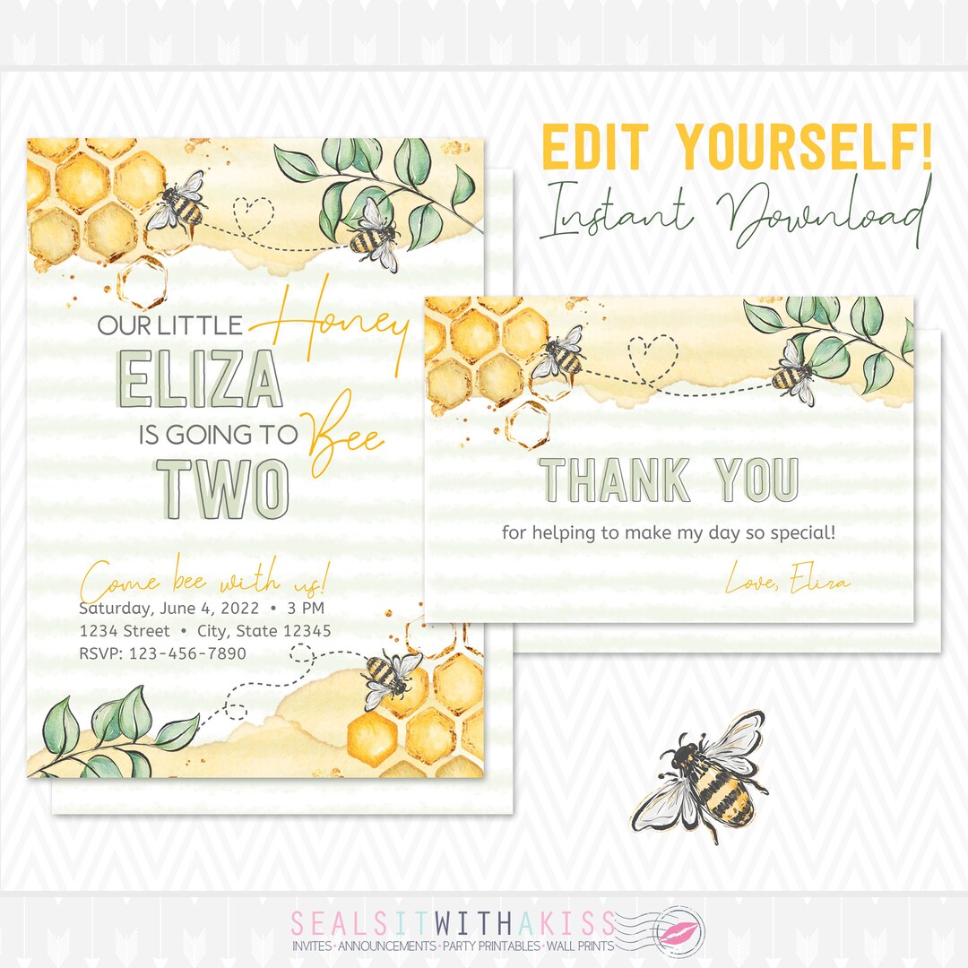 Easy Editable Instant Download! Honey Bee Birthday Invitation and Thank ...