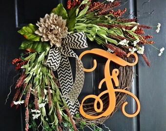 Fall monogram wreath | Etsy