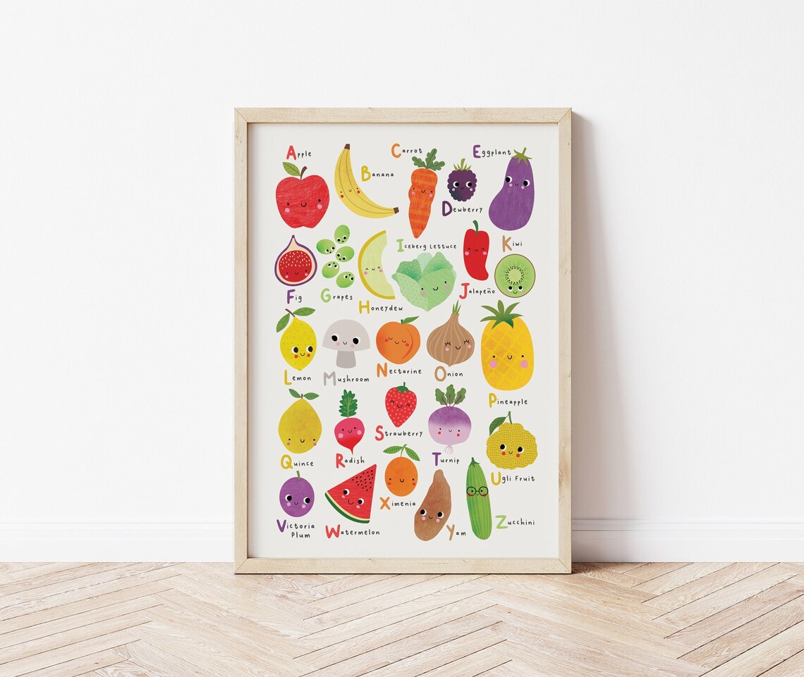 Fruit and Vegetable Alphabet Wall Art Poster Print, Cute Fruit and ...