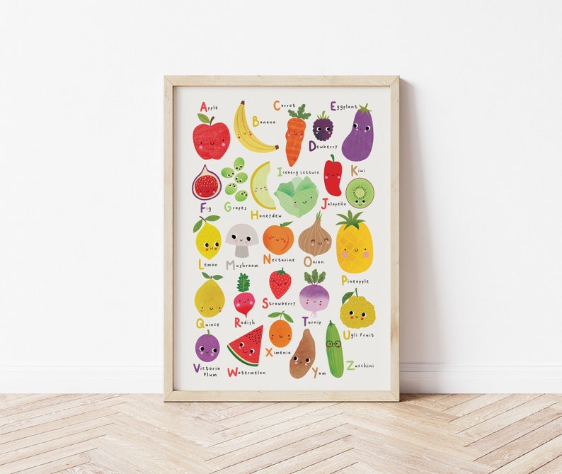 Fruit and Vegetable Alphabet Wall Art Poster Print, Cute Fruit and ...
