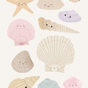 Cute Happy Shells Poster Wall Art Print, Ocean Under the Sea Beach ...