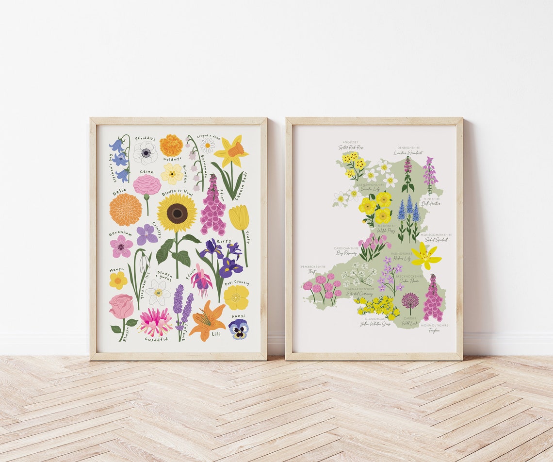 Flower Map of Wales, Blodau Cymru, Welsh Flowers Map, Welsh County Map ...