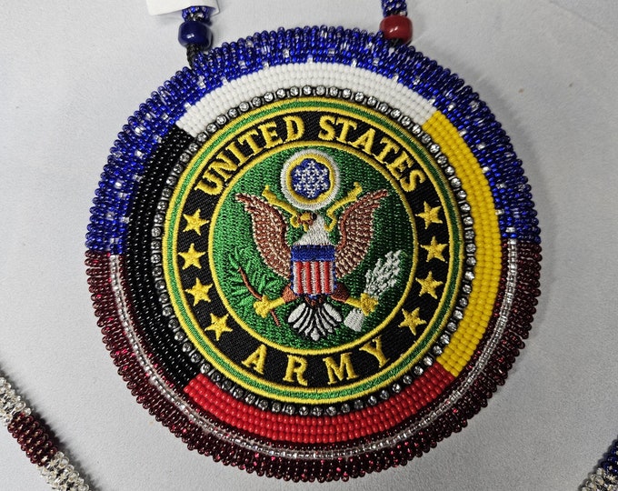 Native American Beaded Army Medallion Necklace Veteran Military ...
