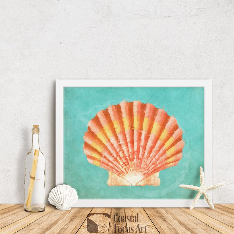 Scallop shell art matted prints 11x14 shell painting | Etsy