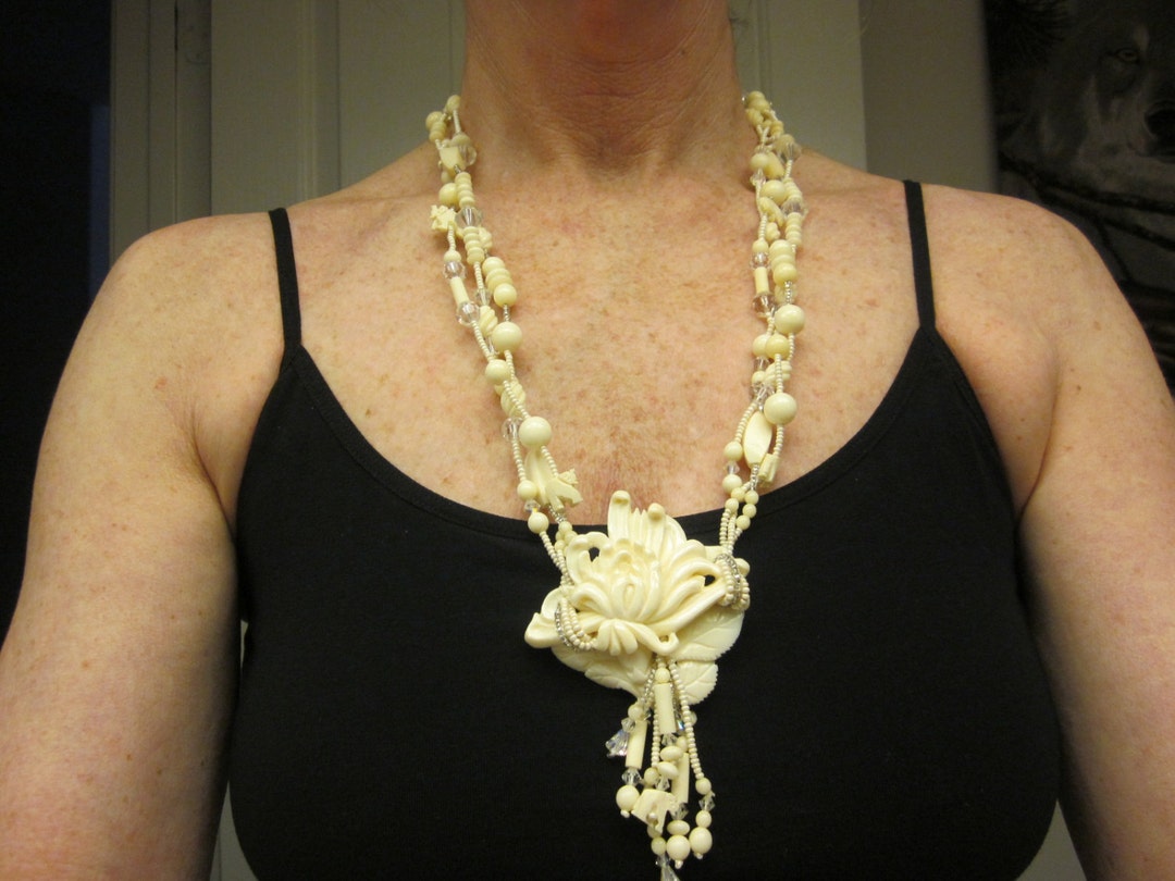 Vintage Sterling Silver Carved Bone Pendant Necklace Handmade 30 ...