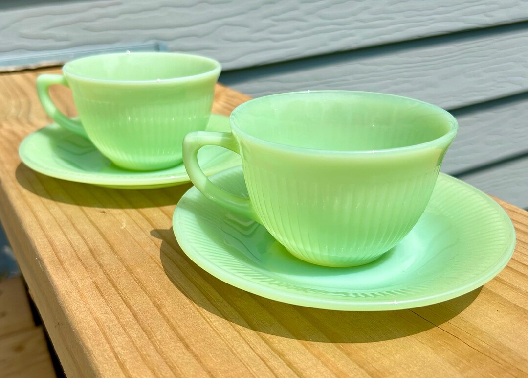 Two Sets of Gorgeous Opaque Green Vintage Jane Ray Cups/saucers Jadeite ...