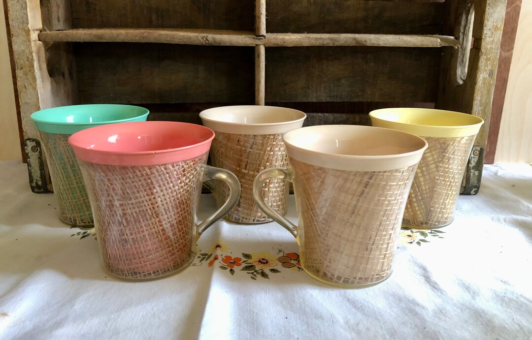 Fun Fabulous Set of 5 Mugs Insulated Straw Weave Pastel Coffee Cups by ...