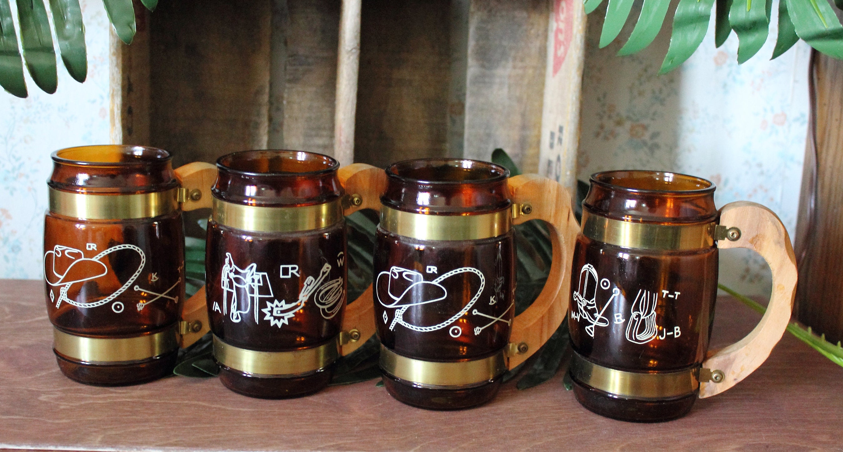 Fabulous Set of 4 Vintage Barrel Mugs Wooden Handled Steins | Etsy