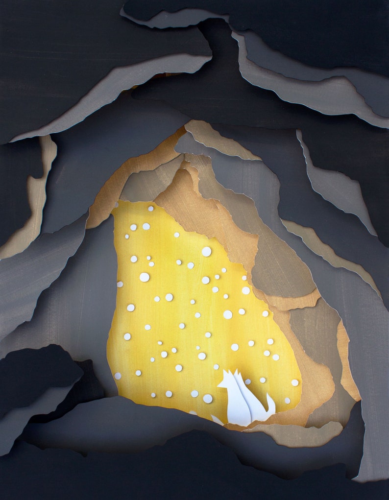 Signed Art Print of Cut Paper fox Cave Illustration 12x16 Limited ...