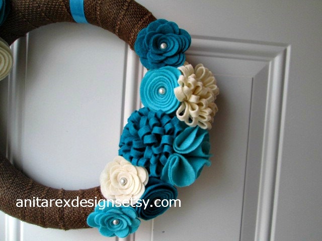 Summer Burlap Wreath, Brown Burlap and Teal, Turquoise and Cream Wreath ...