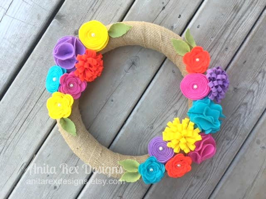 Summer Wreath, Felt Flower Wreath, Pink Aqua Yellow Purple Orange Felt ...