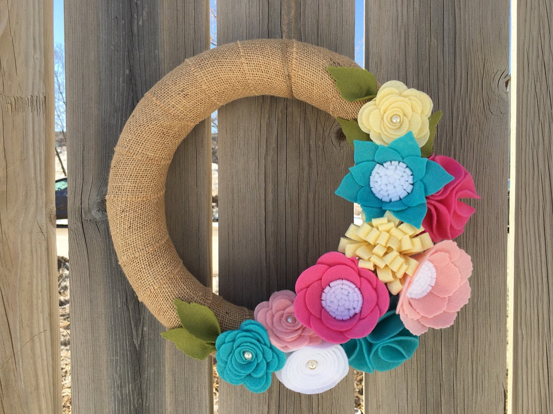 Spring Summer Wreath, Bright Wreath, Felt Flower Wreath, Front Door ...