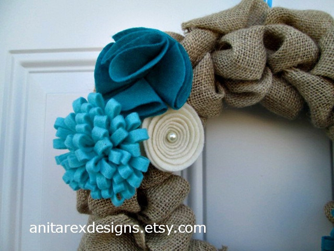 Burlap Wreath, All Season Wreath, Teal, Turquoise Felt Flowers, Bubble ...