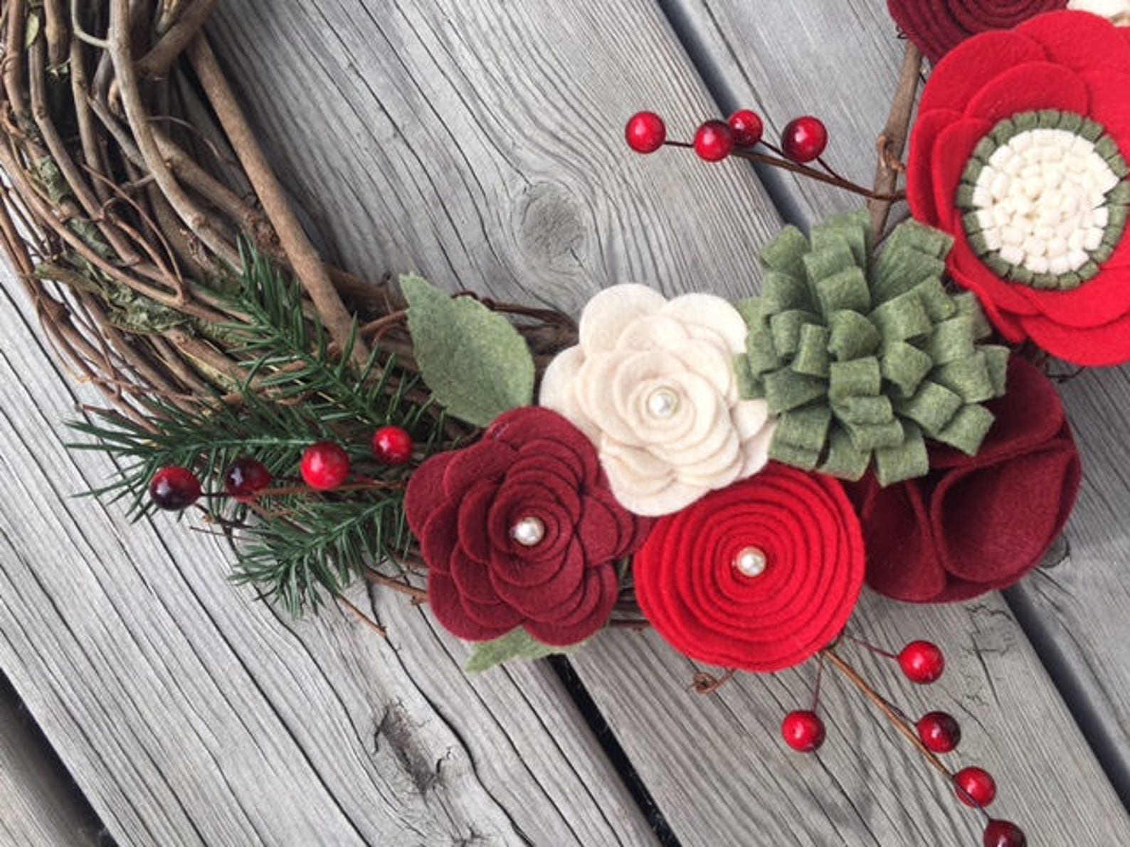 Christmas Wreath, Christmas Felt Flower Wreath, Christmas Grapevine ...