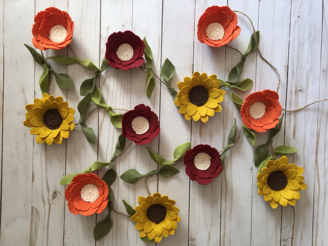 Fall Felt Flower Garland, Autumn Felt Flower Decor, Sunflower Garland ...
