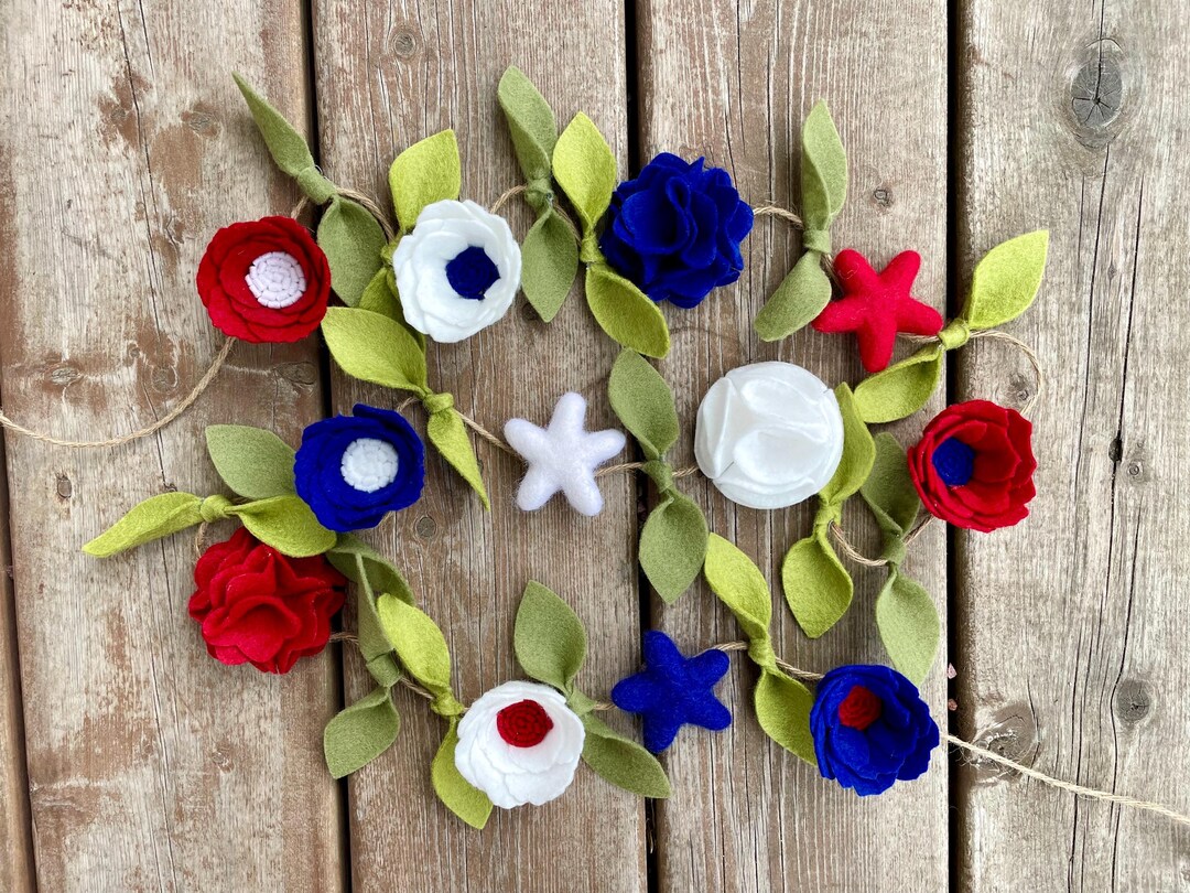 Fourth of July Garland, Red White Blue Felt Flower Garland, 4th of July ...