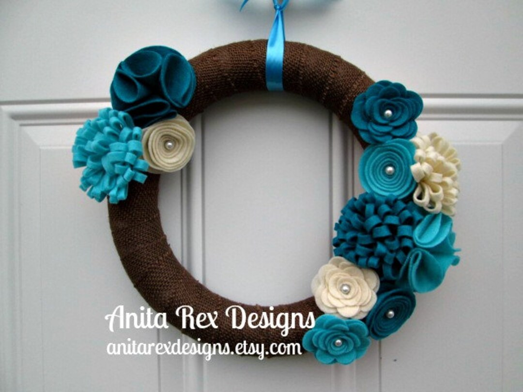Summer Burlap Wreath, Brown Burlap and Teal, Turquoise and Cream Wreath ...