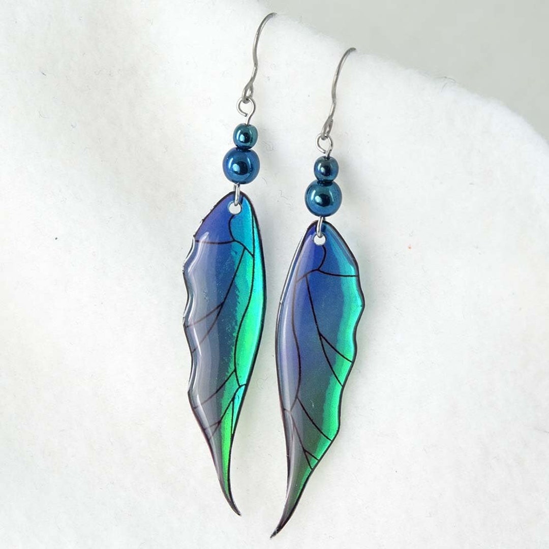 Green and Blue Shimmer Fairy Wing Earrings - Fantasy Scarab Wings ...