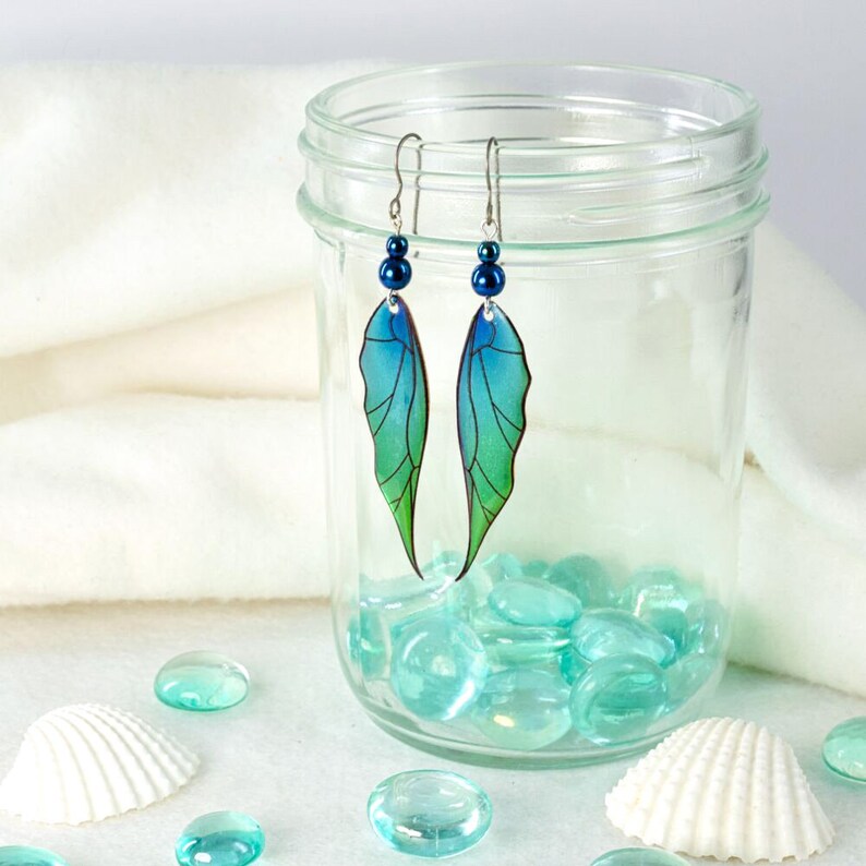 Green and Blue Shimmer Fairy Wing Earrings - Fantasy Scarab Wings ...