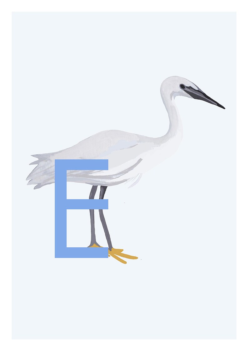 Bird Initial Letter E Print Wall Art With Egret Initial - Etsy