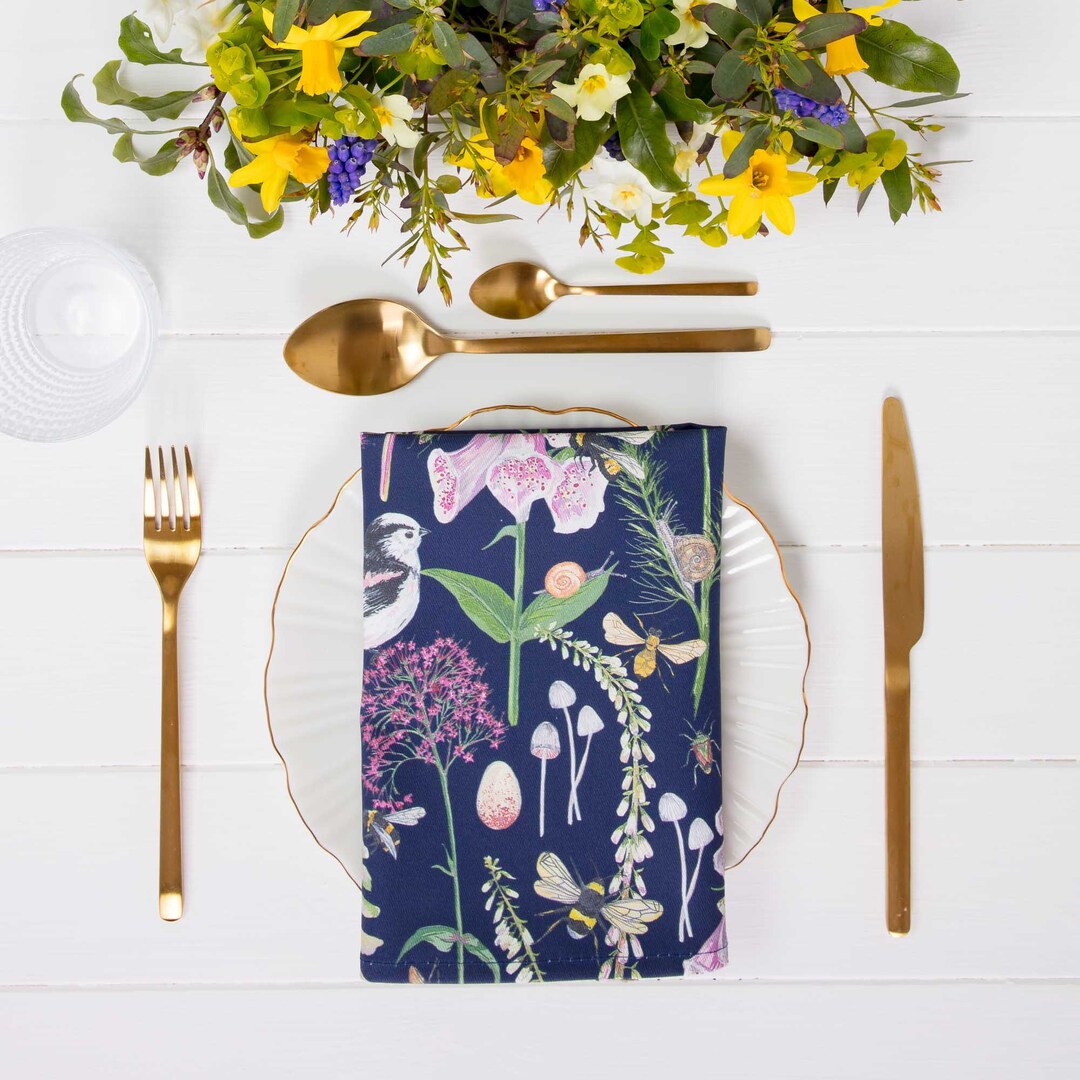 Pair of cotton reusable napkins / table decor / long tail and foxglove ...