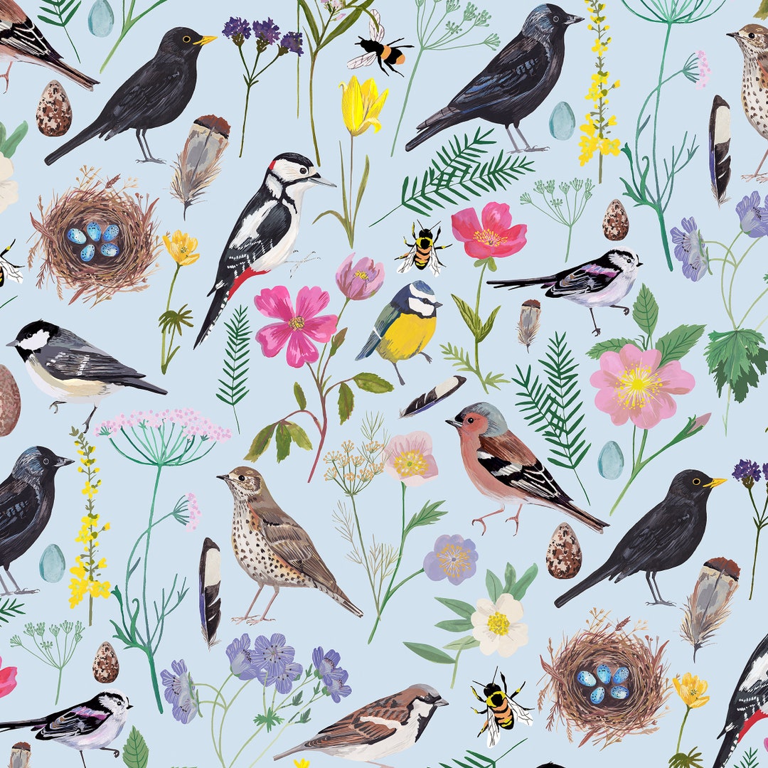 Garden Birds -fabric by the Metre, Bird and Floral Interiors Fabric - Etsy