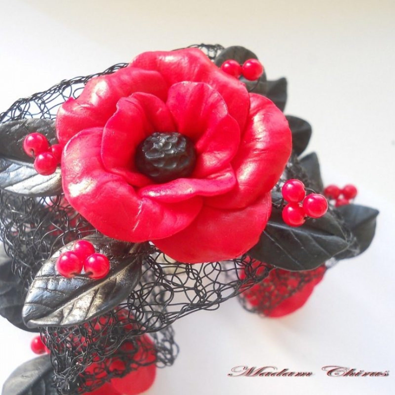Bracelet black bracelet with poppy red poppy handmade | Etsy